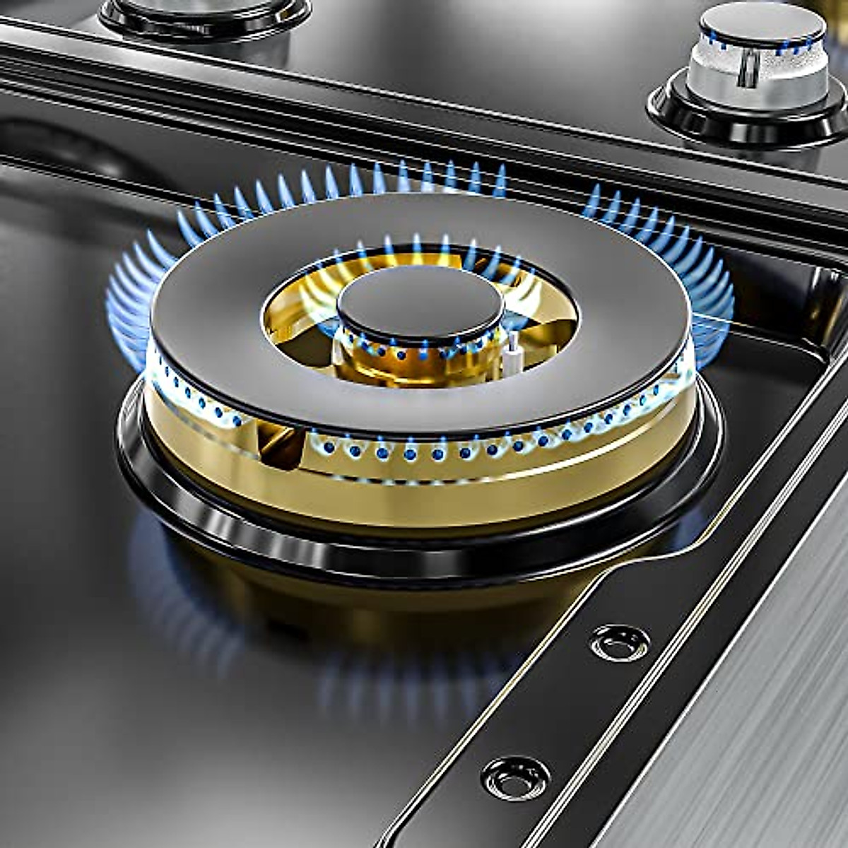 KoolMore KM-HGRT48-SS 48 Inch Natural Gas Range-Top with 8 Sealed Italian, Stainless-Steel Stovetop Knobs, Edge Cast Iron Cooking Grates, Electronic Ignition, 48" (8 Burners), Silver