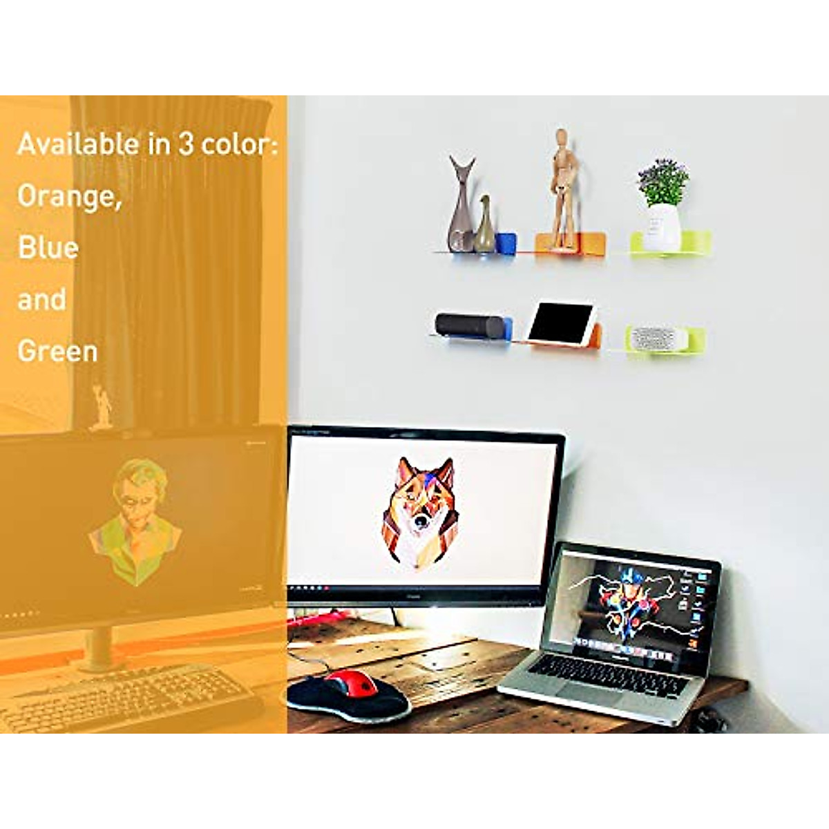 OAPRIRE Small Acrylic Floating Wall Shelves Set of 2, Flexible Use of Wall Space, 9 Inch Adhesive Display Shelf for Security Cameras/Smart Speaker/Action Figures, with Cable Clips - Clear Orange