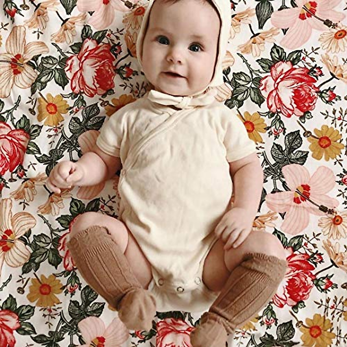 Bamboo Cotton Muslin Floral Swaddle Blankets Girl with Headband| Hospital Newborn Baby Receiving Blanket| Silky Soft Large 47’’X47’’| Newborn Baby Nursery Swaddle Wrap |Birth Announcement Card