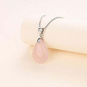 COAI 925 Sterling Silver Teardrop Stone Pendant Necklace (Rose Quartz)