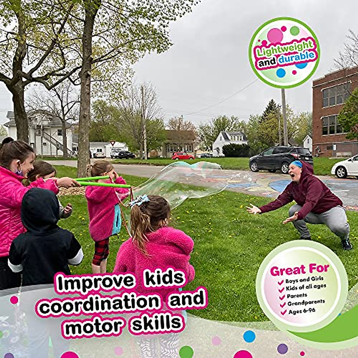 WOWMAZING Giant Bubble Wands Kit: (4-Piece Set) | Incl. Wand, Big Bubble Concentrate and Tips & Trick Booklet | Outdoor Toy for Kids, Boys, Girls | Bubbles Made in The USA