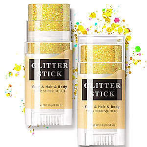 HOSAILY Gold Body Glitter Stick, Mermaid Sequins Face Glitter Gel, Holographic Chunky Glitter Face Paint for Singer Concerts Music Festival Rave Hair Accessories Sparkling Glitter Makeup for Women 01#