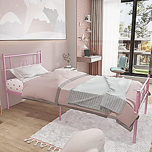 Weehom Platform Steel Bed Frame with 6 Legs Mattress Foundation Heavy Duty Bed Steel Slat Support Easy Assemble Kids Adults(Twin Size),Pink