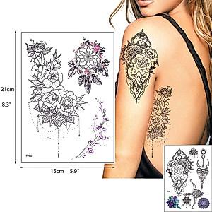 Glaryyears Black Lace Temporary Tattoo for Women Girls, 60+ Patterns 8 Pack Fake Mandara Flowers Tattoos Stickers, Sexy on Body Underboob Arm Chest Shoulder Thigh Abdomen Waist for Beach Party