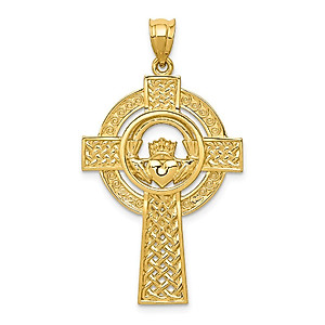 Solid 14k Yellow Gold Celtic Irish Claddagh Cross Pendant Charm - 40mm x 22mm