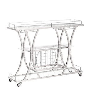 HOMYSHOPY Bar Serving Cart with Glass Holder and Wine Rack, 3-Tier Kitchen Trolley with Tempered Glass Shelves and Chrome-Finished Metal Frame, Mobile Wine Cart for Home (Silver)