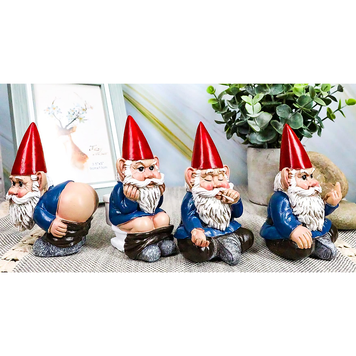 Ebros 4" Tall Badass Naughty Magical Gnome Mooning Figurines Collectible Set of 4 Whimsical Dwarf Gnomes Dwarves Fairy Garden Accessory Decors