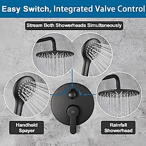 All Metal Black Shower Faucet Set Round Shower Head and Handle Set, Bathroom Rainfall Shower System, Wall Mounted Shower Fixtures, Include Shower Valve and Trim Kit, Matte Black