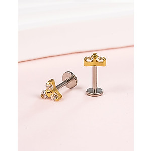 Limerencia G23 Hypoallergenic 18g Flat Back Stud Earrings | F136 Implant Grade Titanium Press Fit Threadless Push Pop in Cartilage Helix Labret Lip Monroe Tragus Piercing Studs (Trinity CZ Gold)