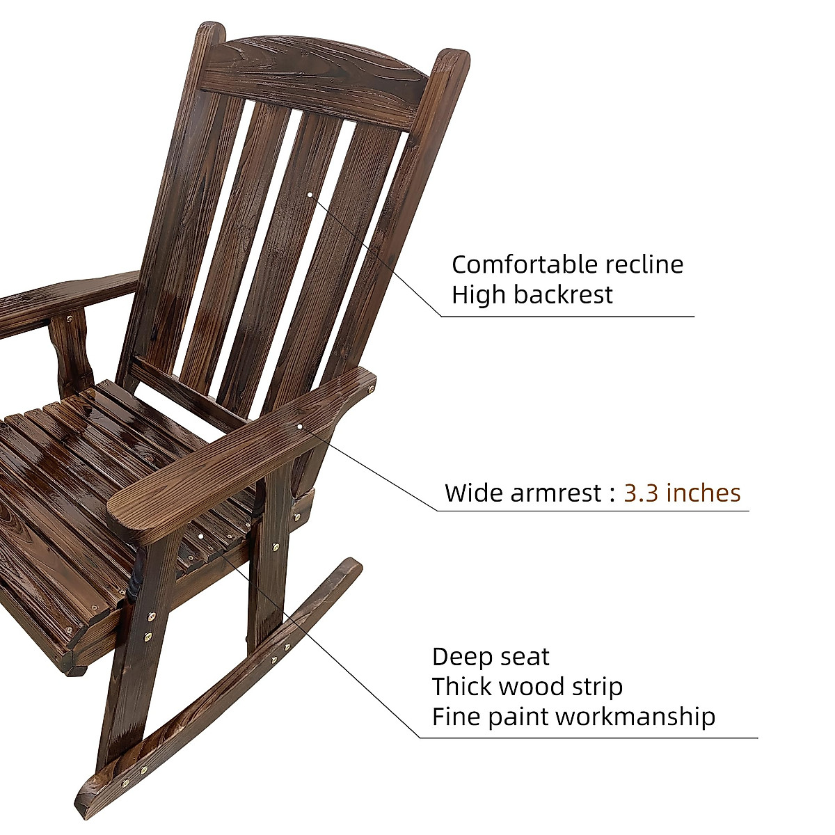 Wooden Rocking Chair with Comfortable Backrest Inclination, High Backrest and Deep Contoured Seat, Solid Fir Wood, Heavy Duty 600 LBS, for Both Outdoor and Indoor, Porch and Patio (Deep Brown)