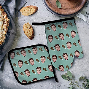 Custom Oven Mitts Pot Holders Set with Your Own Photo & Name, Cute Personalized Kitchen Microwave Heat Resistant Non-Slip Flexible Oven Gloves for Baking Cooking BBQ Funny Photo Gift