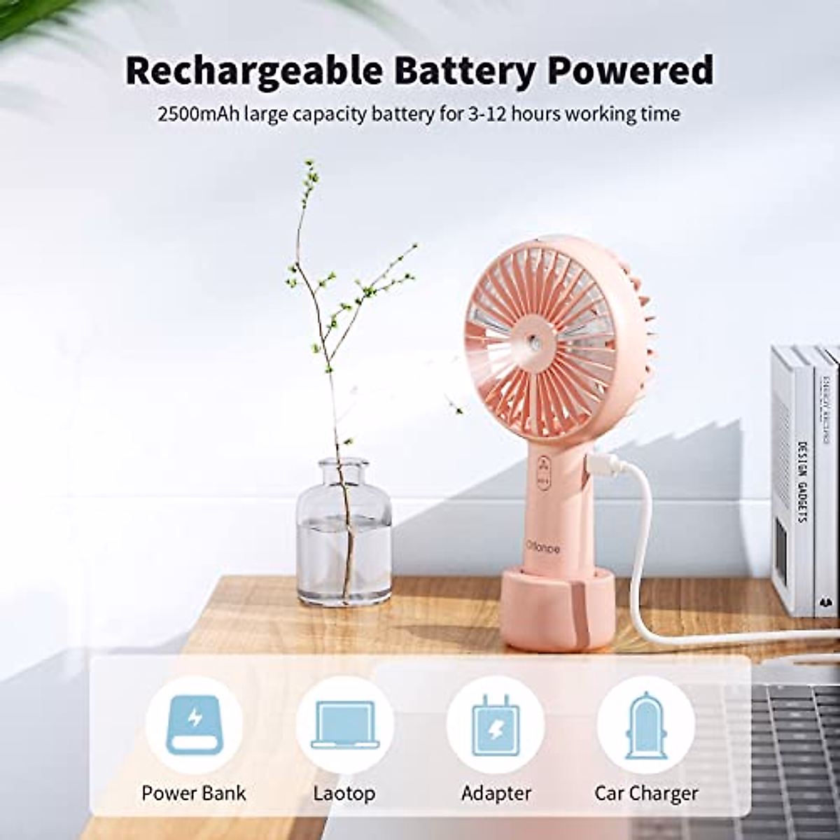 Otlonpe Misting Fan Portable, Desk Handheld Fan 3 Speeds Small Mister Rechargeable Fan with 2500mAh Battery, Water Spray Travel Personal Fan for Kids Women Men Home Office Outdoor (Pink)