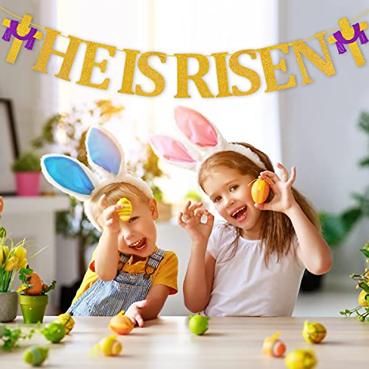 MALLMALL6 HE IS RISEN Banner Easter Party Decorations Religious Holiday Supplies Pre-Strung Glittery Sign Cross Patterns Ready to Hang Wall Art Jesus Faith Photo Props for Outdoor Church Fireplace