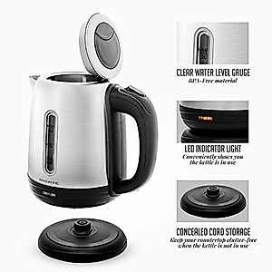 Ovente Electric Tea Kettle Stainless Steel 1.2 Liter Portable Instant Hot Water Boiler Heater 1100W Power Fast Boiling with Cordless Body and Automatic Shut Off for Coffee Milk Chocolate Silver KS22S