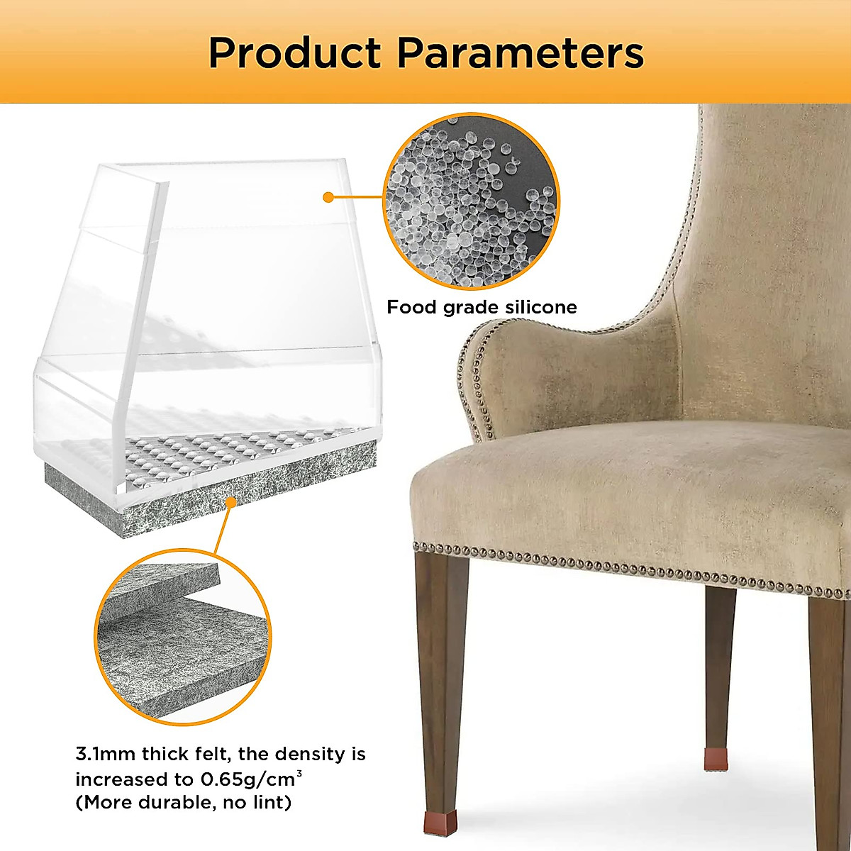 Square Chair Leg Protectors for Hardwood Floors,16 Pcs Silicone Felt Furniture Legs Caps to Prevent Floor from Scratches and Reduce Noise, Easy to Move,1.26-1.57",Clear.