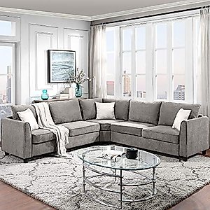 AUKUYEE Modern Fabric Sectional Couch Living Room, 6-Pcs L-Shaped Corner Sofa with 3 Pillows, 100 inch, Grey