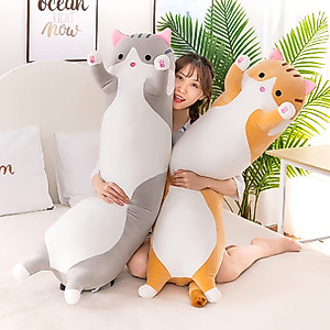 SNOWOLF Cute Cat Plush Long Body Pillow Cat Stuffed Animals Plushie Toy Soft Throw Sleeping Cotton Kitten Pillow Gift for Kids Girls (Gray, 19.7")