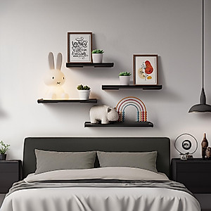 BAYKA Wall Shelves for Bedroom Decor, Floating Wall Shelves for Living Room Kitchen Storage, Wall Mounted Rustic Wood Floating Shelves for Kids Books, Small Shelf for Bathroom(Black，Set of 3)