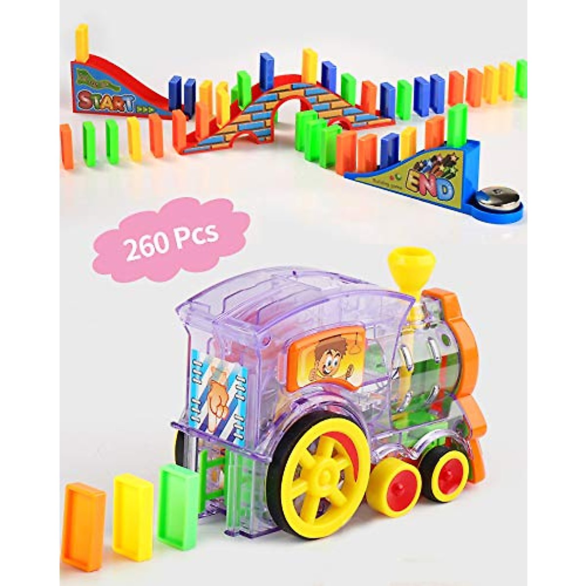 Wellin 260 pcs Blocks Domino Train Toy with Bridge Set Mega Pack Domino Game for 3-12 Years Old Boys Building Blocks Stacking Tile Games (260 pcs Domino Train with Bridge Set)