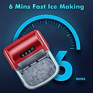 Ice Maker Countertop 9 ice Cubes Ready in 6 Mins with Handle, Portable Ice Machine with ice Scoop and Basket Self-Cleaning Ice Makers, Up to 26 lbs for Home Kitchen Office Bar Party（RED