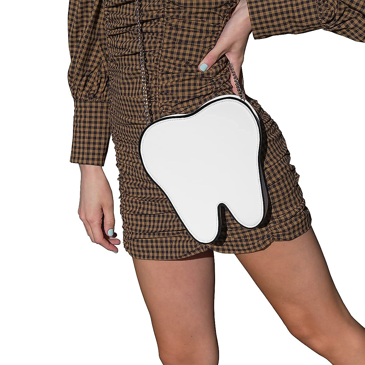 happyteeth Tooth Purse | Tooth Shape Handbag PU Crossbody Metal Chain Shoulder Bag Adjustable Strap Clutch