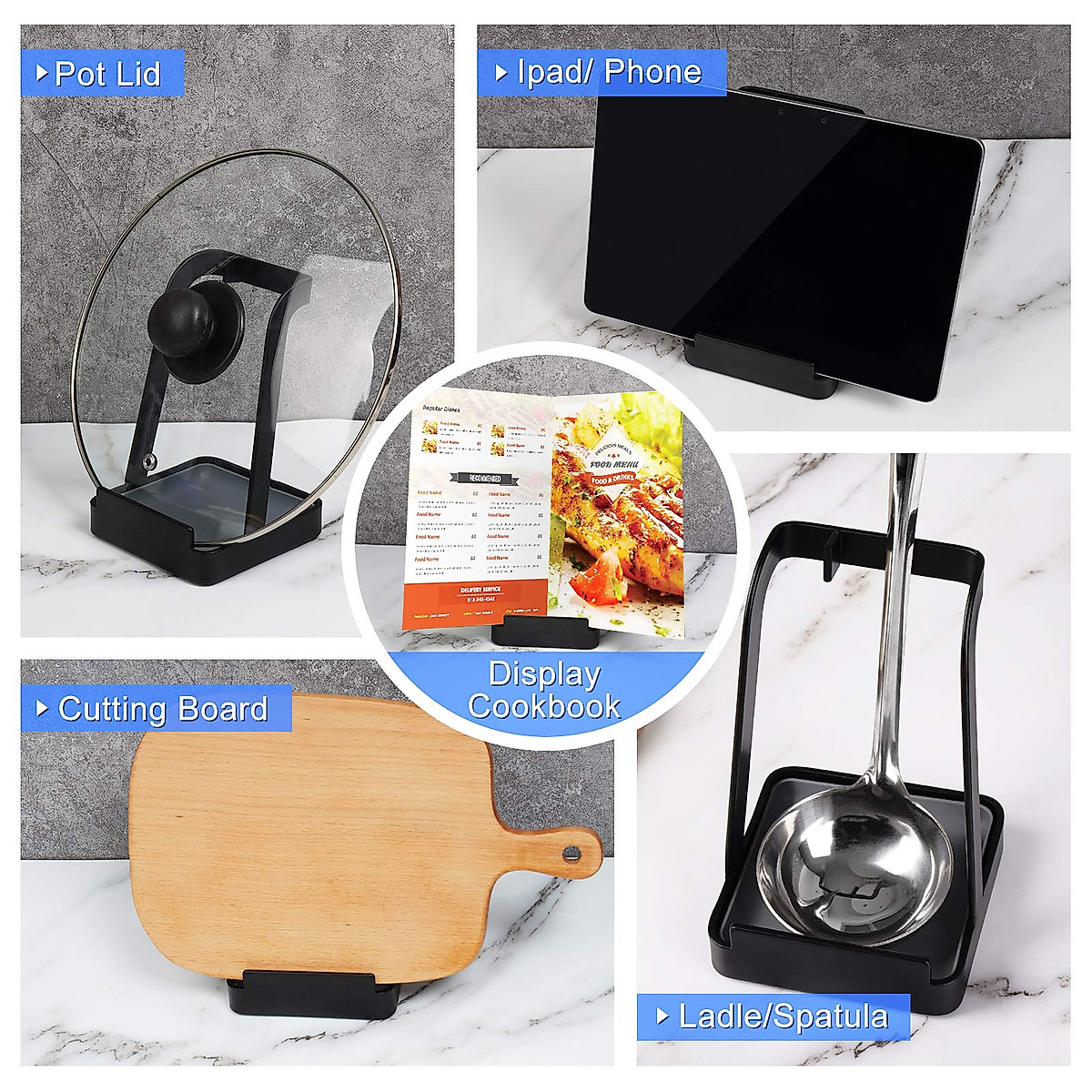 NiHome Versatile Pot Lid Ladle Holder Multipurpose Spatula Pad Book Cutting Board Spoon Rest Kitchen Utensils Drip Tray Washable Durable Stable Tack-Free Installation (Black)