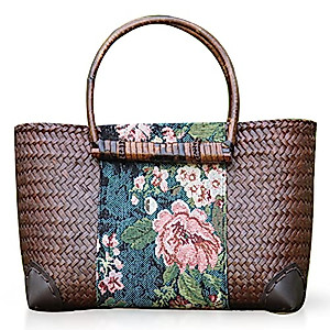 QTKJ Straw Bag for Women, Summer Beach Handmade Rattan Tote Bag, Boho Retro Straw Woven Handbag, Large Beach Vacation Bag (Brown)