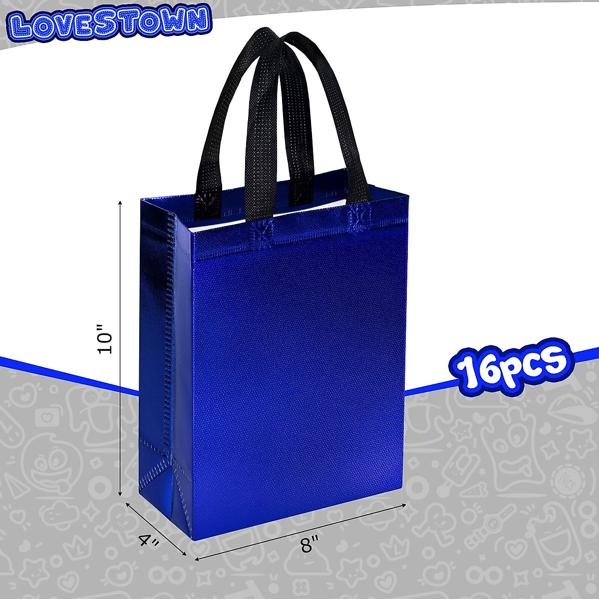 LovesTown 16PCS Blue Shiny Gift Bags, Goodie Bags Party Favor Bags Glossy Tote Bags Medium Size for Wedding Birthday Graduation (8"x 4"x 10")