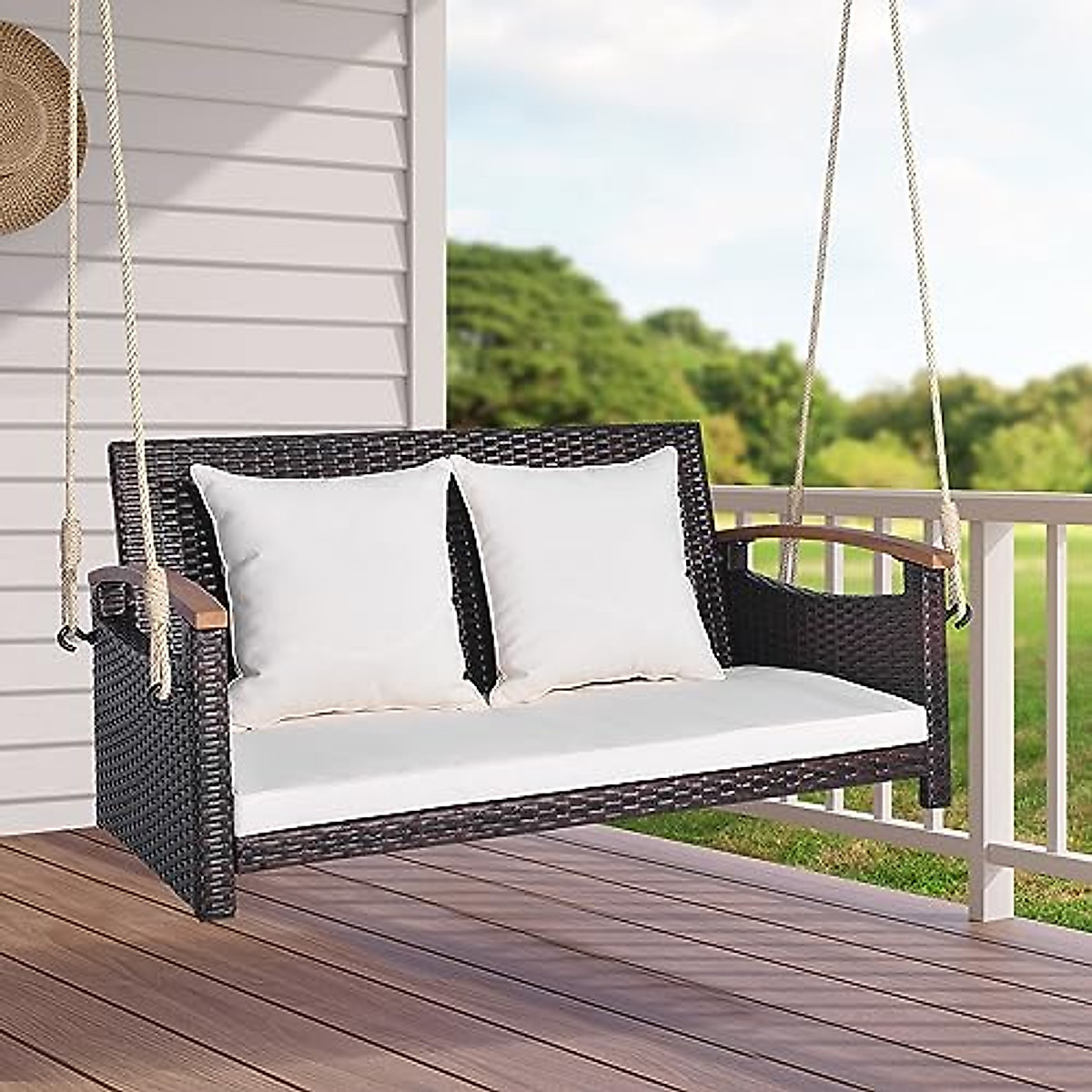 Tangkula Patio Rattan Porch Swing, 2-Person Hanging Chair with Seat & Back Cushions, Reinforced Metal Frame & 2 Hanging Hemp Ropes, Wicker Woven Swing Loveseat for Backyard, Front Porch (Off White)