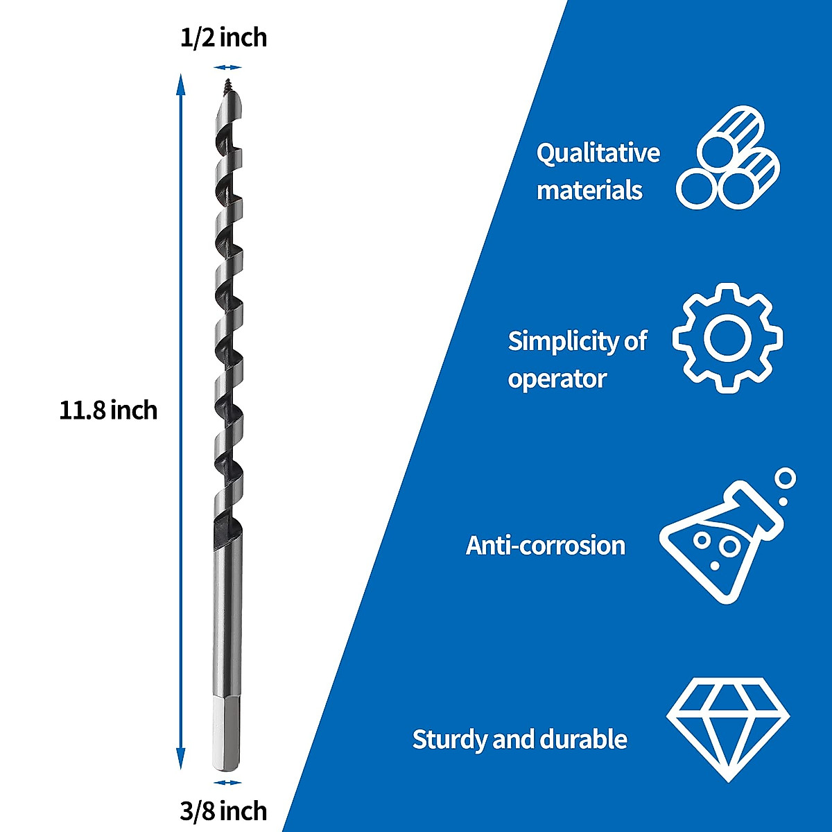 Litoexpe 1/2 Inch x 12 Inch Auger Drill Bit, 3/8-Inch Hex Shank Ship Auger Long Drill Bit for Wood, Plastic, Drywall and Composite Materials
