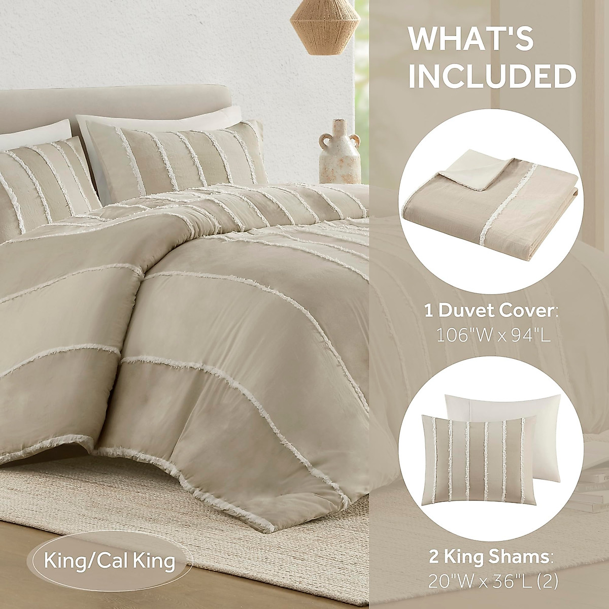 INK+IVY King Duvet Cover Set Boho Duvet Covers Stripes, Clipped Jacquard, Cotton Duvet Cover for King Size Bed, All Season Lightweight King Bedding Cover & Shams, Shay, King/Cal King, Taupe 3 Piece
