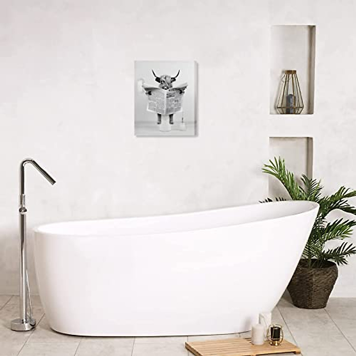 Funny Highland Cow Wall Art in Bathtub, Black and White Canvas Cow In Bathroom Picture, Humor Animals Bathroom Artwork Prints Rustic Farmhouse Style Wall Decor Ready To Hang for Living Room, Bathroom, Bedroom, Kids Bathroom Decor (12"x16", Framed)