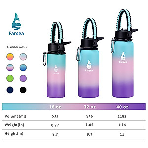 Farsea Insulated Water Bottle with Straw Lid & Spout Lid & Paracord Handle, Stainless Steel Water Bottle Wide Mouth, Double Wall Sweat-Proof BPA-Free, 18 oz, Gradient Mint + Pink + Purple