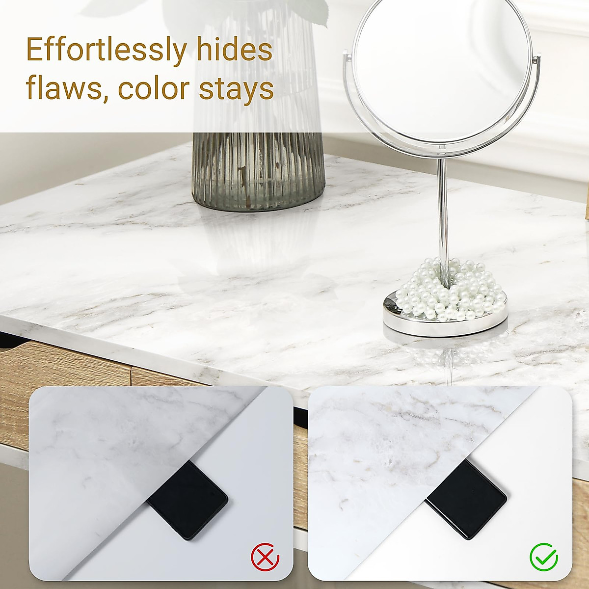 Homein Marble Contact Paper 17.5"×78.7", Peel and Stick Countertops Wallpaper Waterproof Self Adhesive Wall Paper Roll for Cabinets Drawers Kitchen Old Furniture, Modern Glossy White/Gold