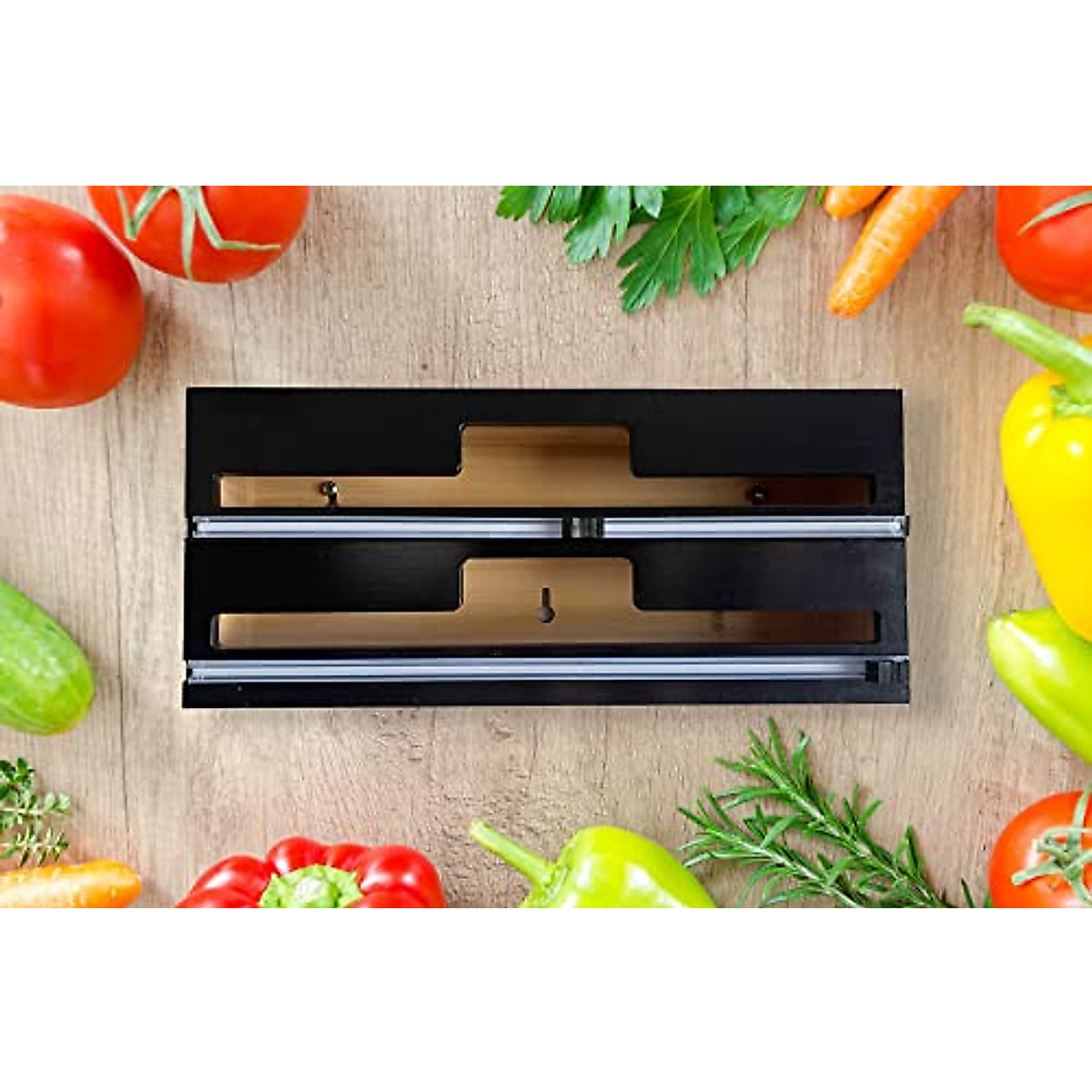 Plastic Wrap Dispenser with Cutter, Parchment Paper Foil and Plastic Wrap Organizer for Kitchen Drawer, Bamboo Kitchen Drawer Organizer and Wrap Holder(2 section)-25 x 14 x 5 cm