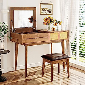 Tidyard 43.3" Classic Wood Makeup Vanity Set with Flip-top Mirror and Stool, Dressing Table with Three Drawers and Storage Space, Brown for Bedroom, Dressing Room