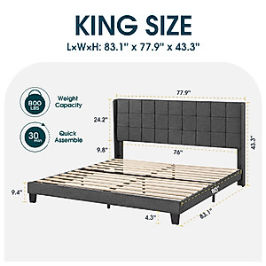 WEEWAY King Size Wingback Upholstered Platform Bed Frame with Box-tufted Stitched Headboard and Wooden Slats/No Box Spring Needed/Easy Assembly, Dark Grey