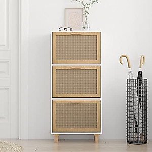 WEMYUFURN Shoe Cabinet Engineered Wood&Natural Rattan - Space-Saving Shoe Organizer - Shoe Rack for Closet, Entryway or Bedroom