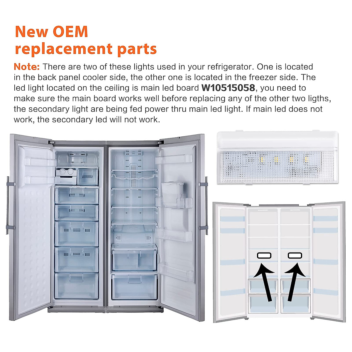 W10515057 Fridge Light Replacement Compatible with Whirlpool/Kenmore/Maytag Refrigerator LED Light WPW10515057 10641122211 PS8768636 W10398007 AP6022534 PS11755867 AP6022533 PS11755866 wrs325fdam04