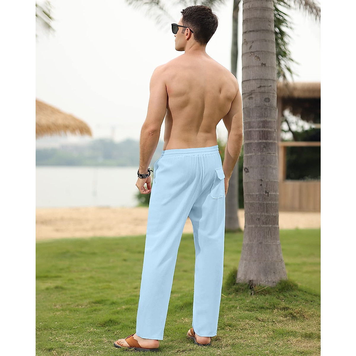 EndoraDore Men's Linen Cotton Pants Slim Fit Joggers Pants Athletic Workout Elastic Trousers Pants Beach Vacation Lightblue