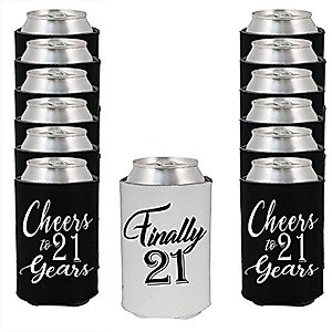 Finally 21 Cheers to 21 Years Birthday Can Sleeve Cooler Insulated Drink Coozies Soda Beer Hugger Coolies (Black, 13)