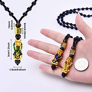 4 Pieces Feng Shui Pi Xiu Pi Yao Bracelet Necklace Set, Adjustable Feng Shui Lucky Nafu Wealth Necklaces Black Bead Bracelet with Hand Carved Amulet Bead (Six Thermochromism)