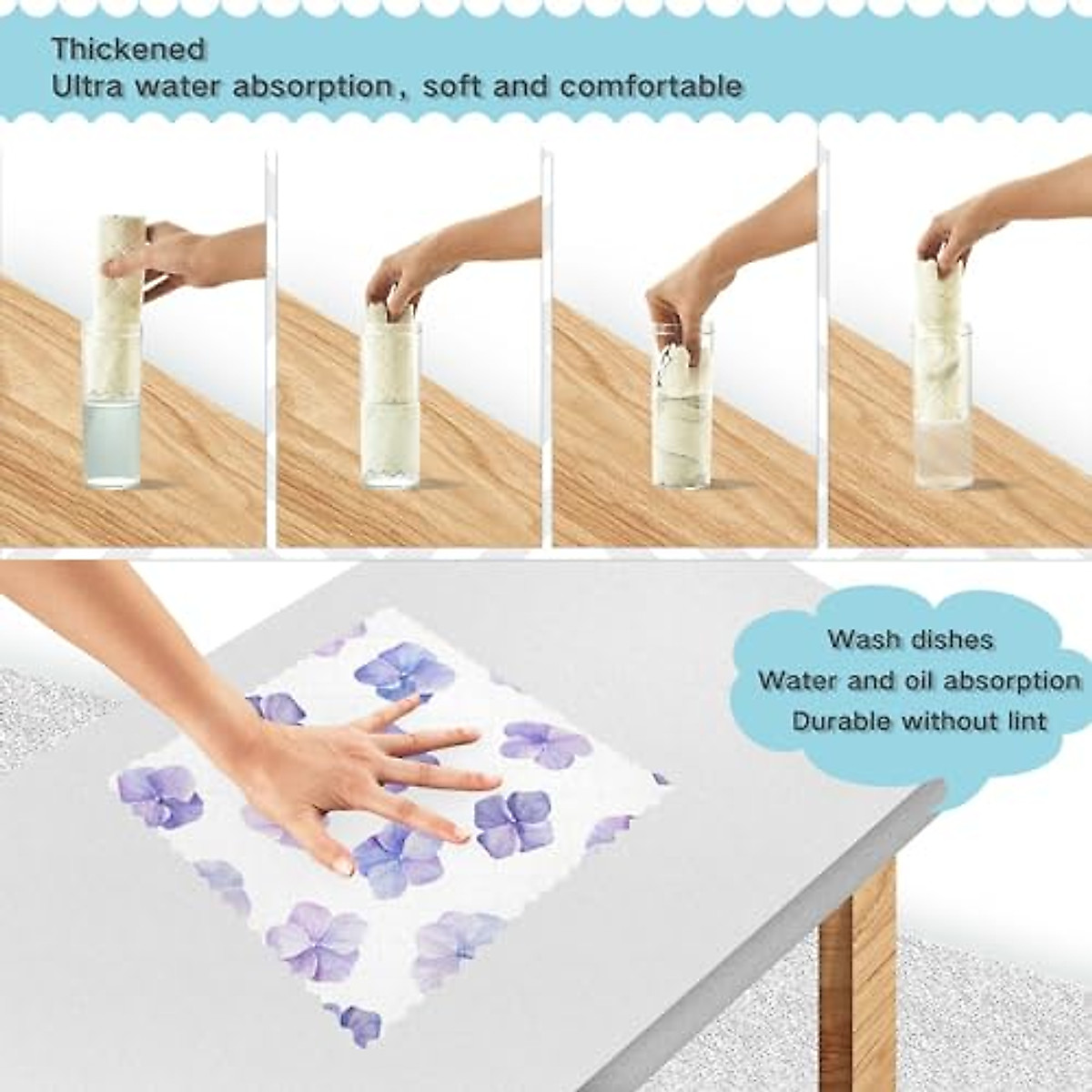 FRODOTGV Blue Hydrangea Flowers Watercolor Kitchen Towel Microfiber Table Cotton Kitchen Tea Towels Terry Cloth Dish Towel Cotton Hand Towels for Kitchen