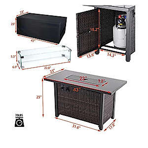 CUREALLSO Propane Gas Fire Pit Table, 43 Inch 50,000 BTU Rattan Look Auto-Ignition Outdoor Fire Tables, with Glass Wind Guard ,Waterproof Cover,CSA Approved for Garden Patio Backyard Deck Poolside