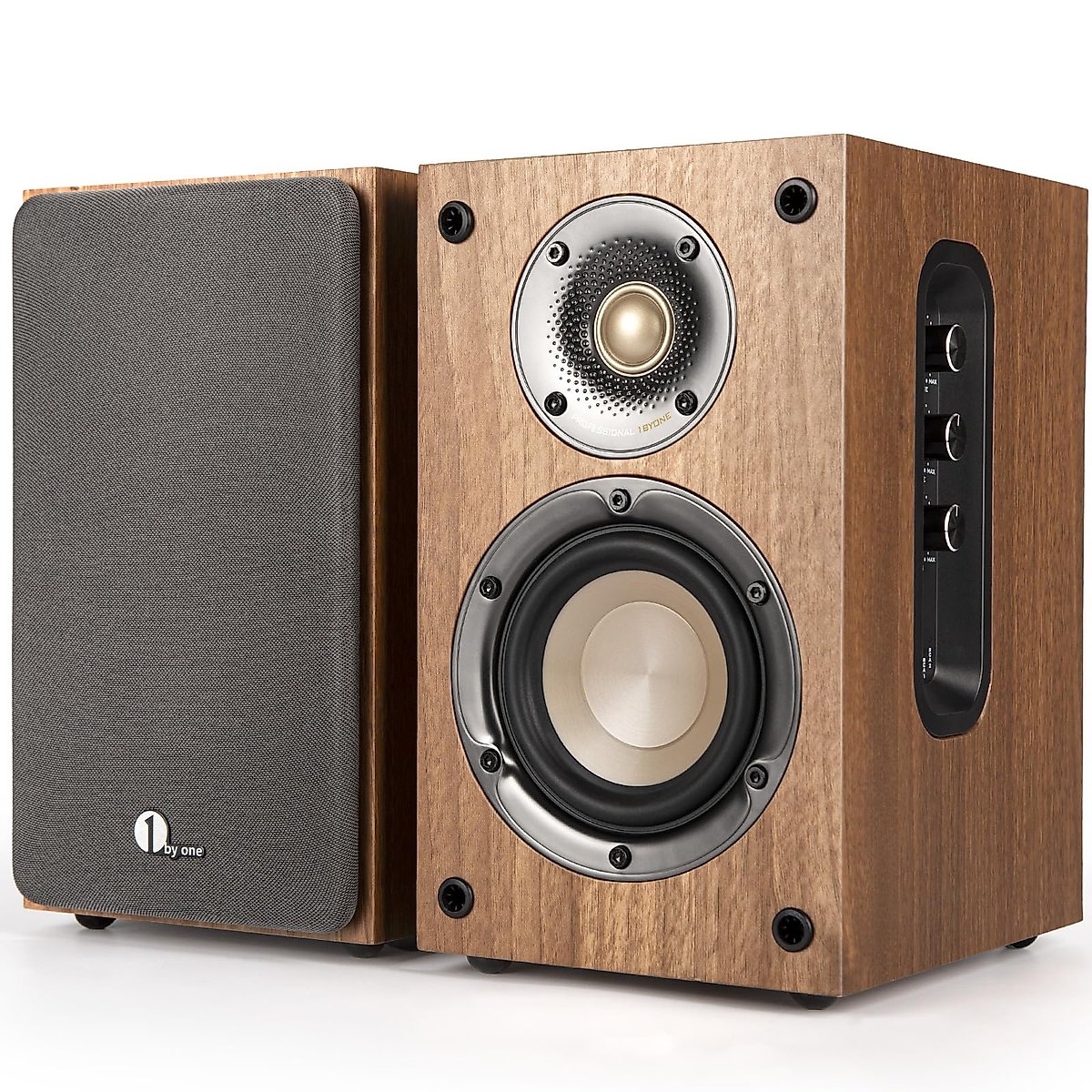 1 by ONE Bluetooth Bookshelf Speakers, Active 2 Way Speakers with 60 Watts RMS, 100 Watts Peak Power, Turntable Speakers with RCA x 2/Bluetooth/Coaxial/Optical