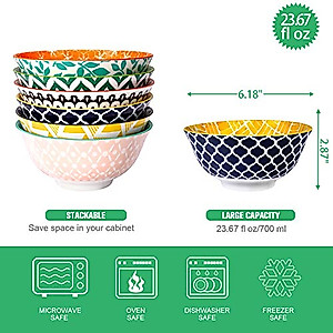 E-Gtong Ceramic Cereal Bowl 24 OZ, Porcelain Bowls Set of 6,Assorted Colorful Ceramic Bowl for Soup, Pasta, Salad and Rice, Microwave & Dishwasher Safe