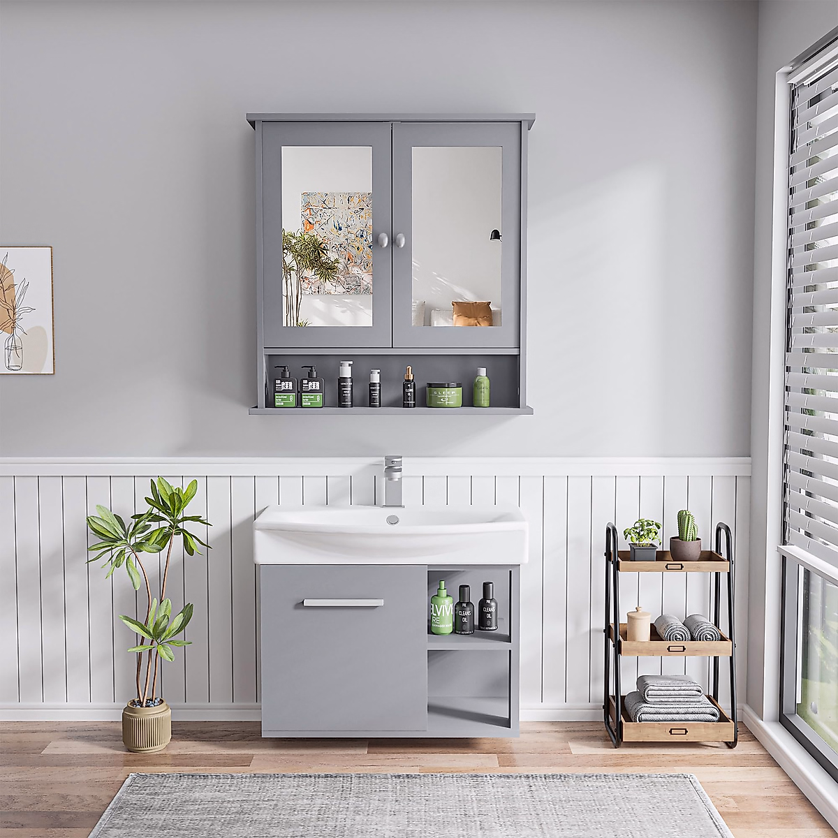 Lifetime Home Modern Bathroom Wall Cabinet with Mirror & Adjustable Shelf - Wall Mounted Utility Medicine Cabinet for Kitchen, Living Room Garage Laundry Room - Wooden Storage Over Sink Toilet