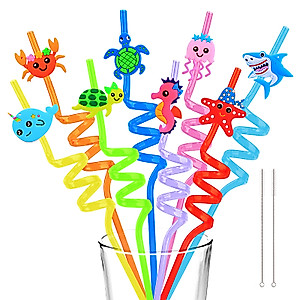 24 Under The Sea Party Favors Crazy Straws for Kids, Silly Fun Reusable Straws, Twisty Curly Kids Plastic Drinking Straws with 2 Brushes, Sea Animal Ocean Theme Birthday Party Supplies Goodie Gifts