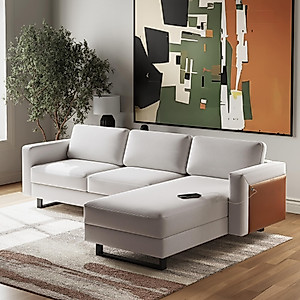 DEINPPA L Shaped Sofa Couch with Charging Port, Convertible Sectional Sofa with Linen Fabric, Modern Couch with Reversible Chaise for Living Room and Small Space, Beige