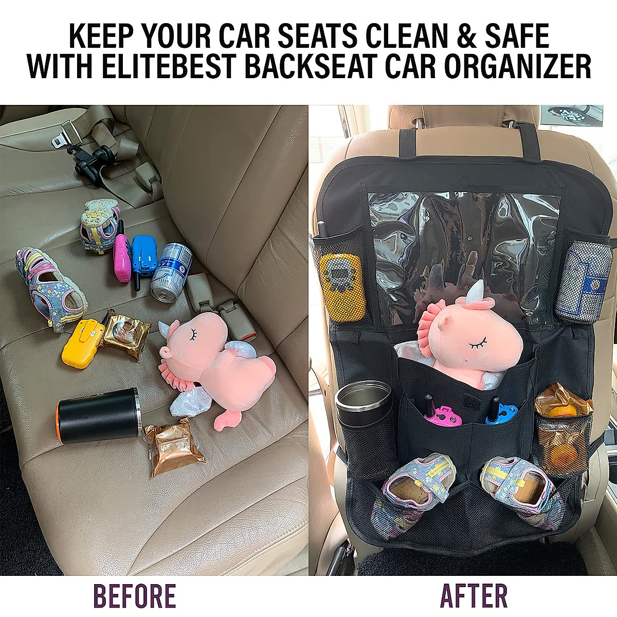 Backseat Car Organizer 1 Pack by Elitebest – 1Car Seat Organizer and Kick Mats for Road Trips – Car Backseat Organizer for Kids with USB Headphone Slits and Storage Pockets for Organization